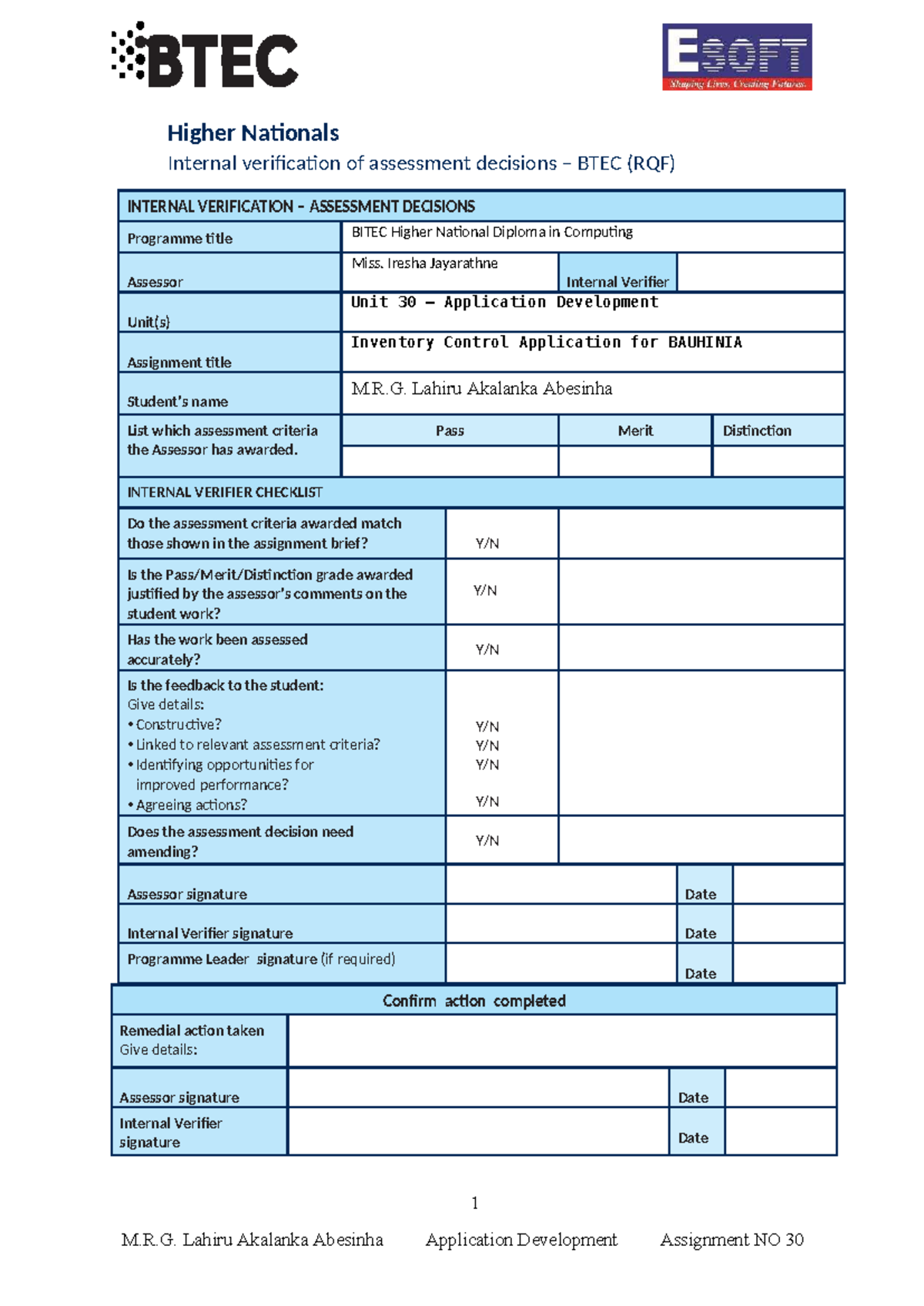 Assessment 306010 - ESOFT Metro Campus - Edit - Higher Nationals Internal verification of ...