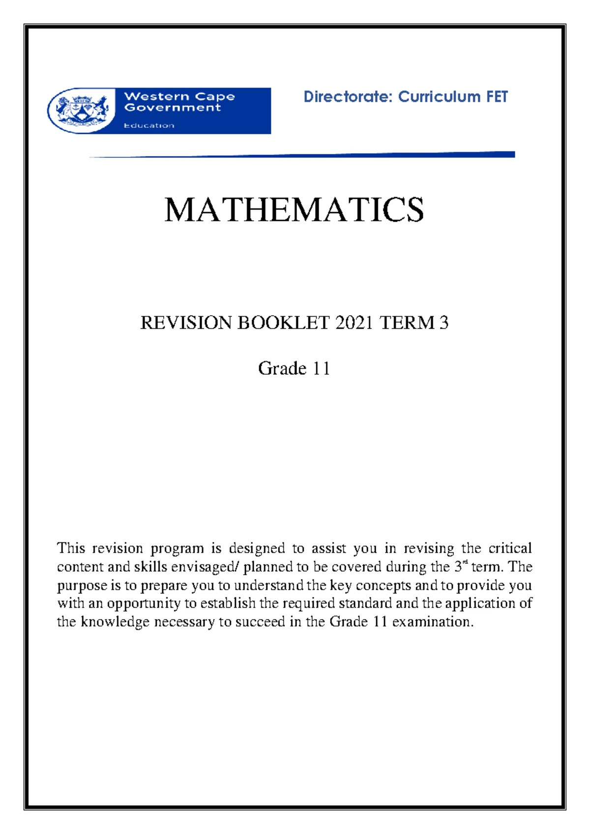 Mathematics Grade 11 Revision Term 3 2021 - Directorate: Curriculum FET ...
