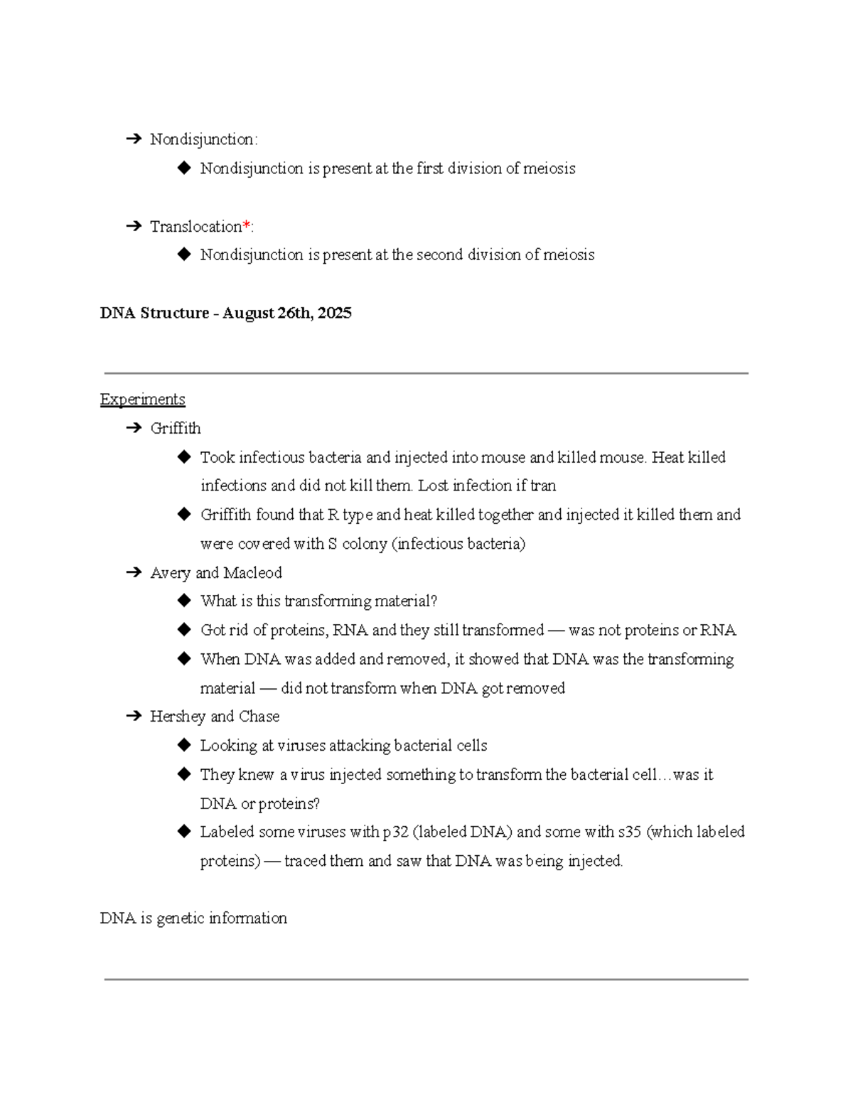 Exam 1 Outline - Part 2: Nondisjunction & DNA Replication Concepts ...