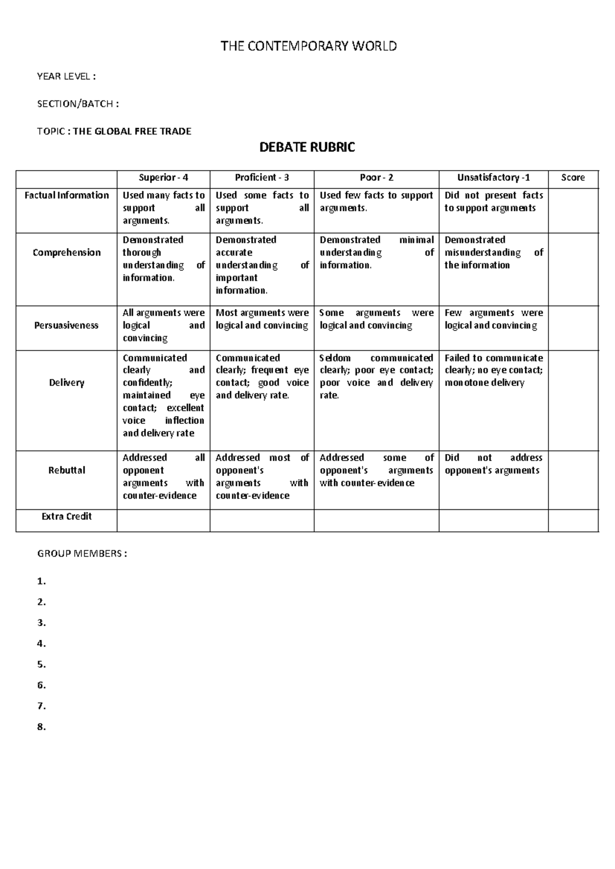 Rubric - essay - THE CONTEMPORARY WORLD YEAR LEVEL : SECTION/BATCH ...