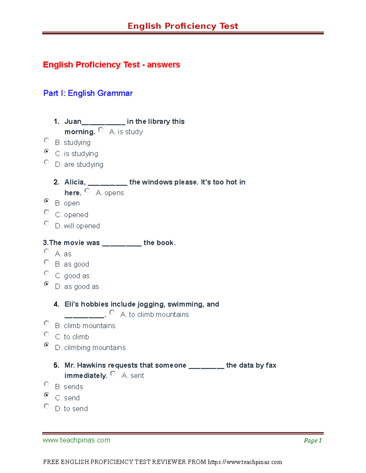 EPT Reviewer with Answer Keys - English Grammar & Comprehension - Studocu