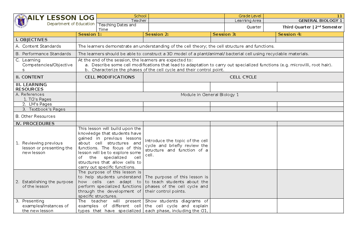DAILY LESSON LOG: General Biology 1 (DLL) - Week 3, Quarter 3 - Studocu