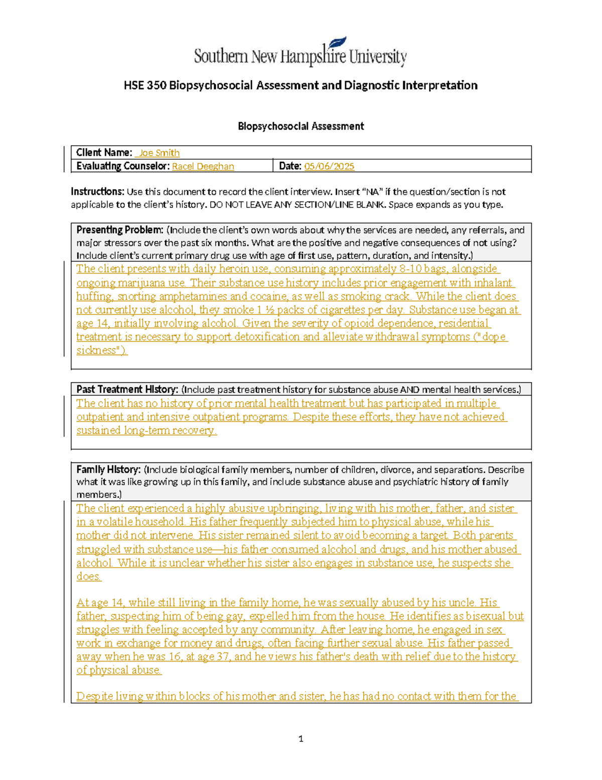 HSE 350 Biopsychosocial Assessment: Client Evaluation for Joe Smith ...
