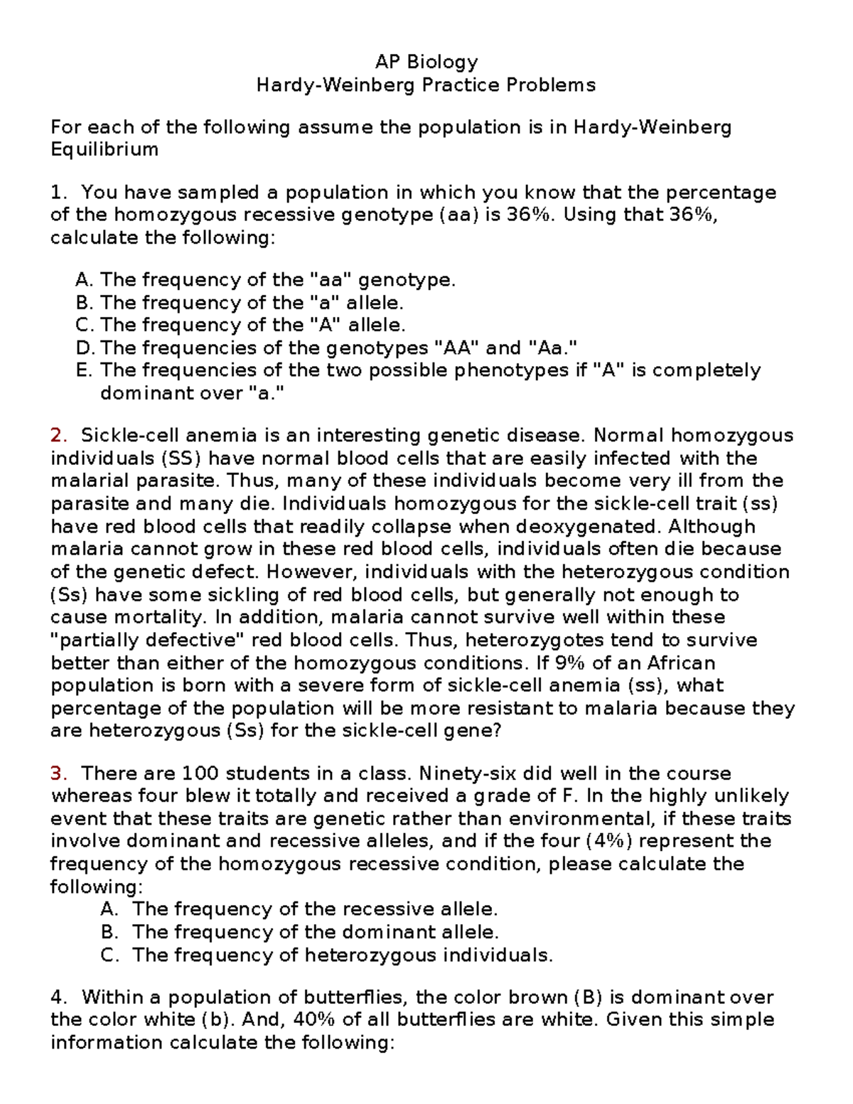 AP Bio: Hardy-Weinberg Practice Problems Packet for Students - Studocu