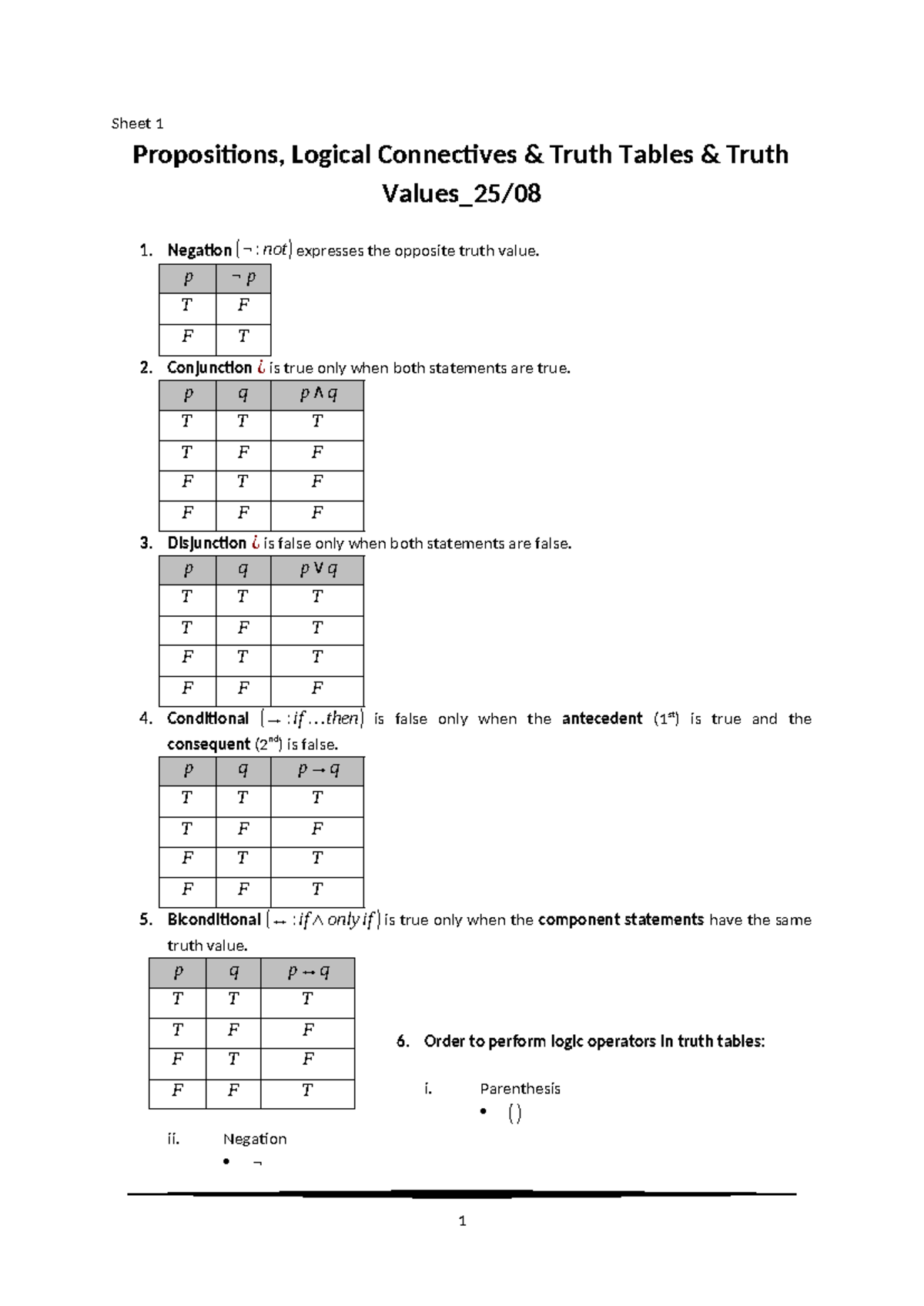 Propositions & Logical Connectives: Truth Table Sheet 202507140900 ...