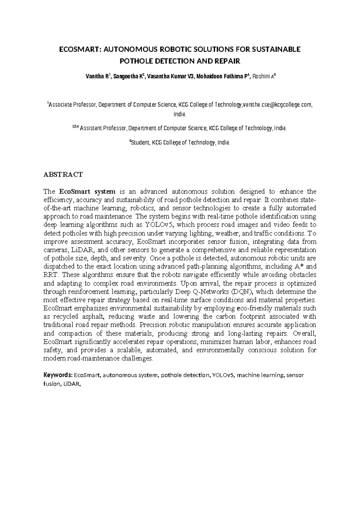 ECOSMART: Autonomous Robotic Solutions for Pothole Repair - Studocu