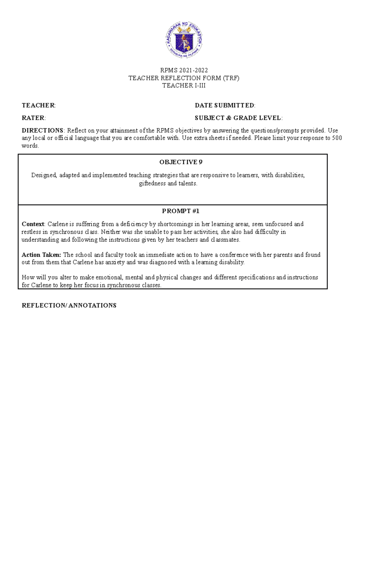 TRF - Teacher Reflection Form for I-III on Learners' Strategies - Studocu