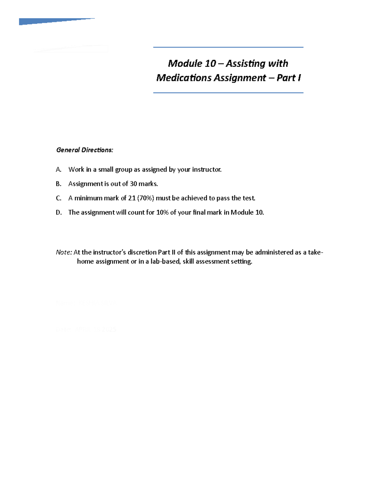 IV-11.1 Assignment - Module 10: Assisting with Medications Part I - Studocu