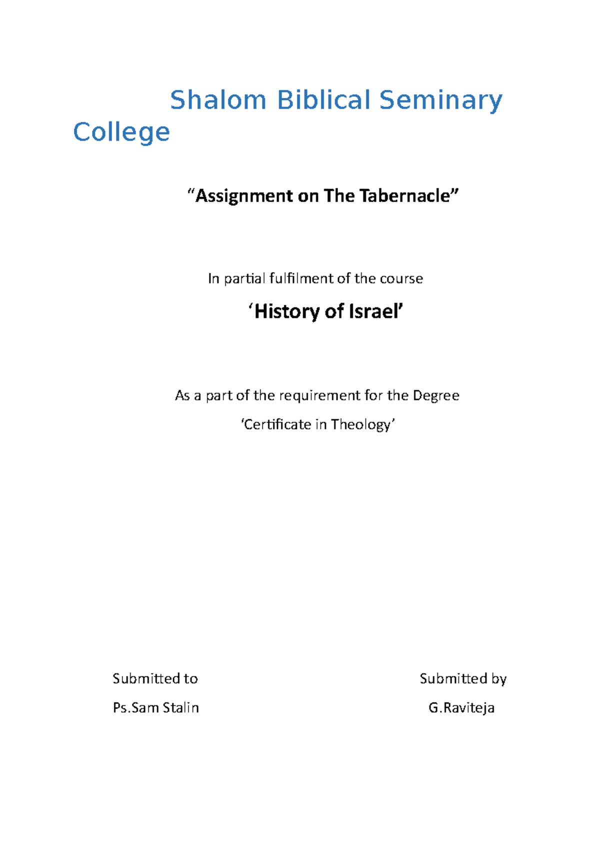The Tabernacle Assignment - Shalom Biblical Seminary College ...