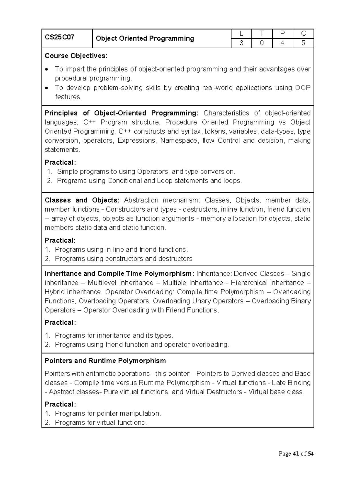 CS25C07 Object Oriented Programming Syllabus and Course Objectives ...