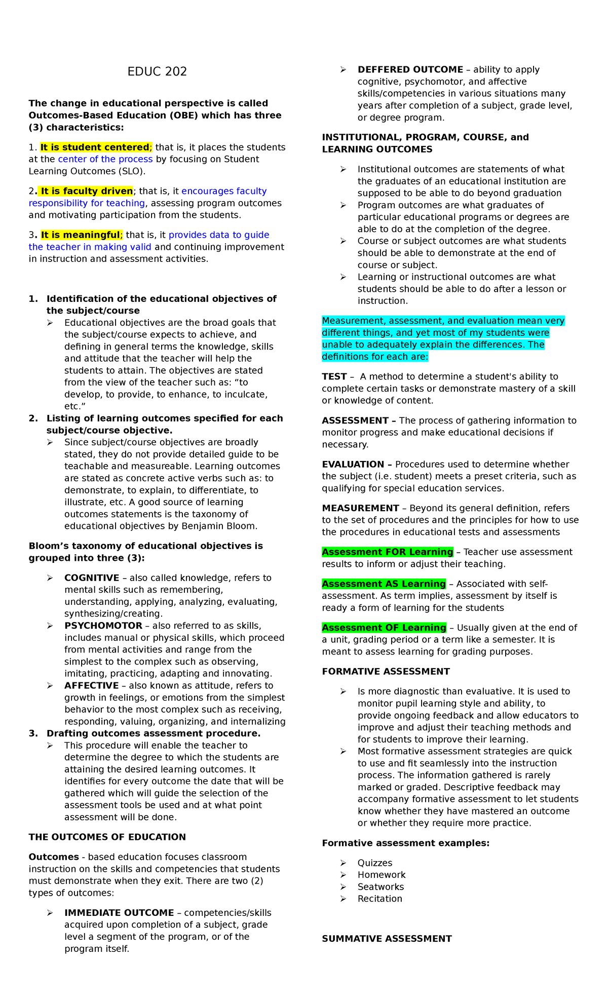 EDUC 202 Outcomes-Based Education: Key Concepts and Assessment ...