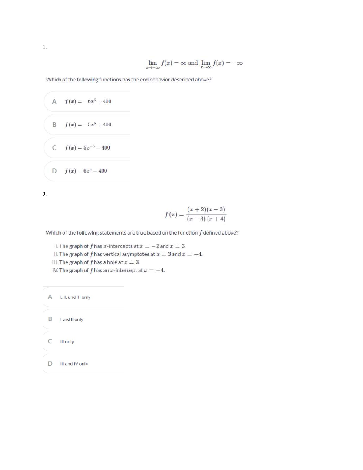 Bert1 Non Calc 1to14 - Non-Calculator Mock Exam on Limits and Functions ...