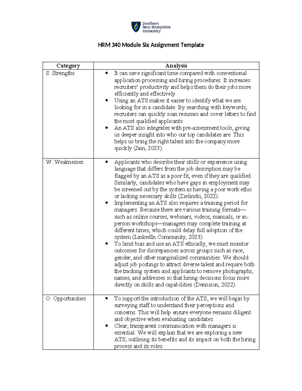 HRM 340 Module Six SWOT Analysis of Applicant Tracking Systems - Studocu