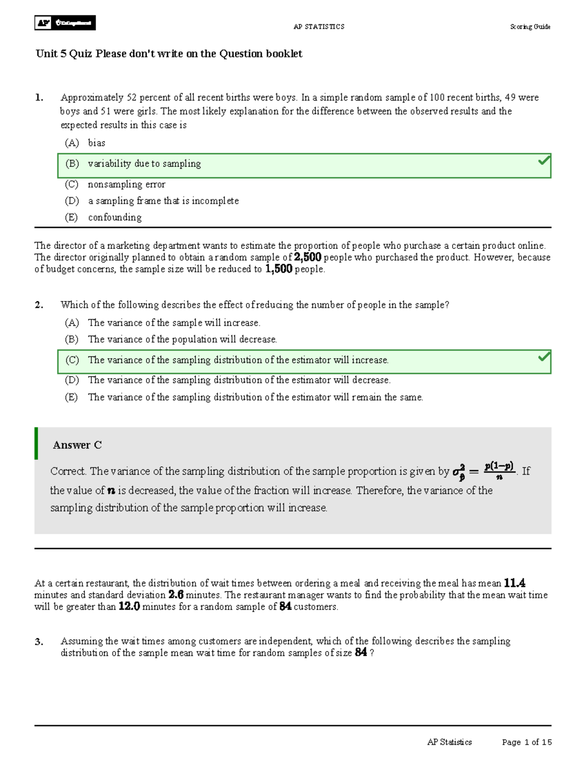 AP STATISTICS Unit 5 Quiz Scoring Guide and Answers - Studocu