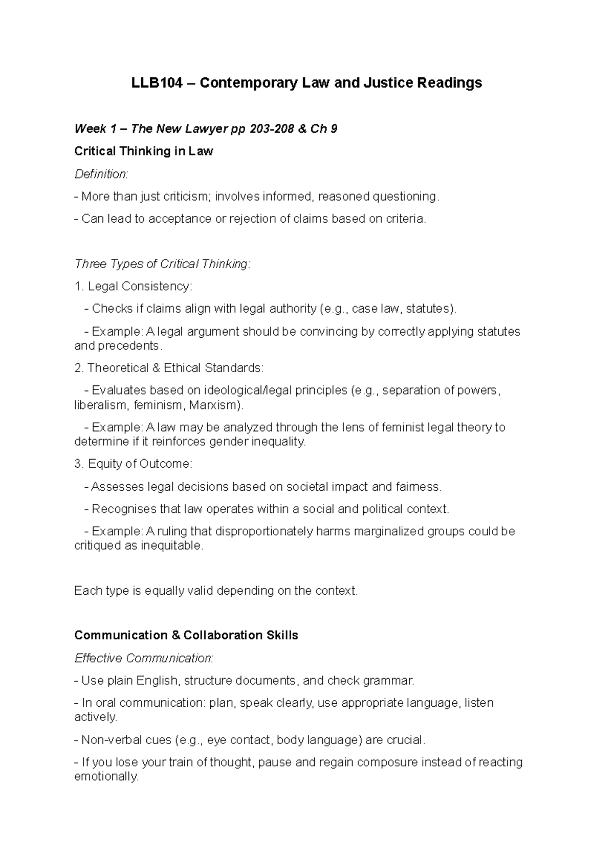 LLB104 Contemporary Law and Justice Readings: Weeks 1-5 Summary - Studocu