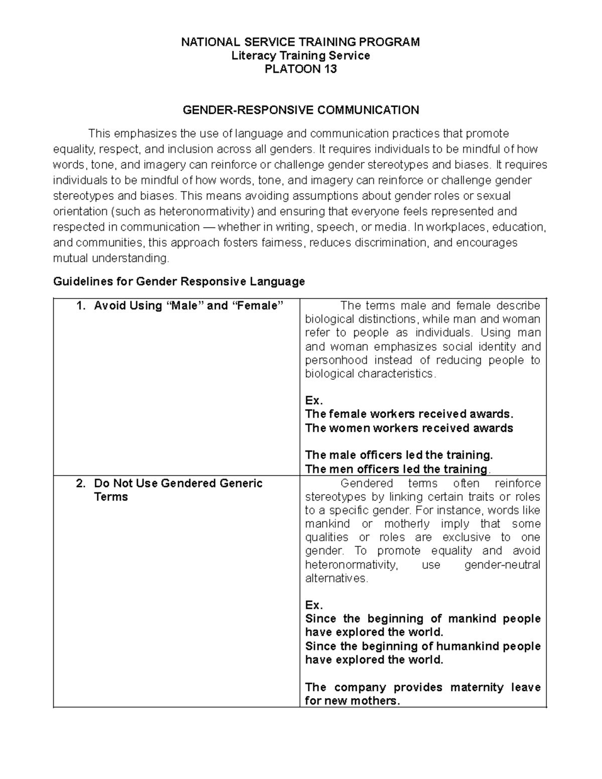 NATIONAL SERVICE TRAINING PROGRAM: Platoon 13 Gender Responsive ...