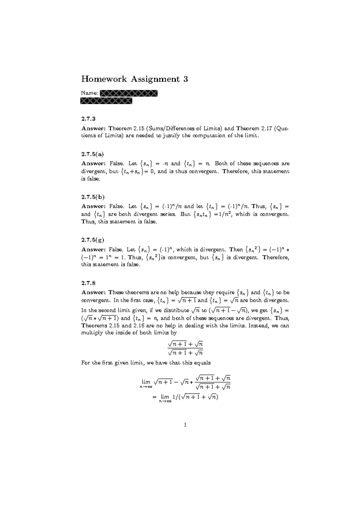 MATH 117 Homework 3 - Homework Assignment 3 Name: 2. Answer: Theorem 2 ...