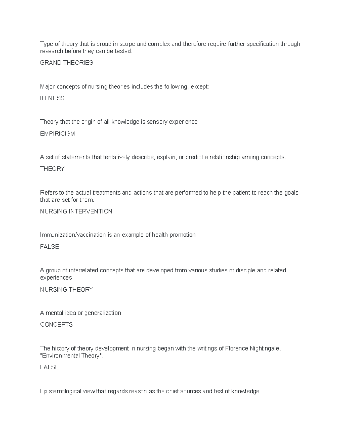 Quiz Practice: Grand Theories in Nursing (NURS 101) - Studocu