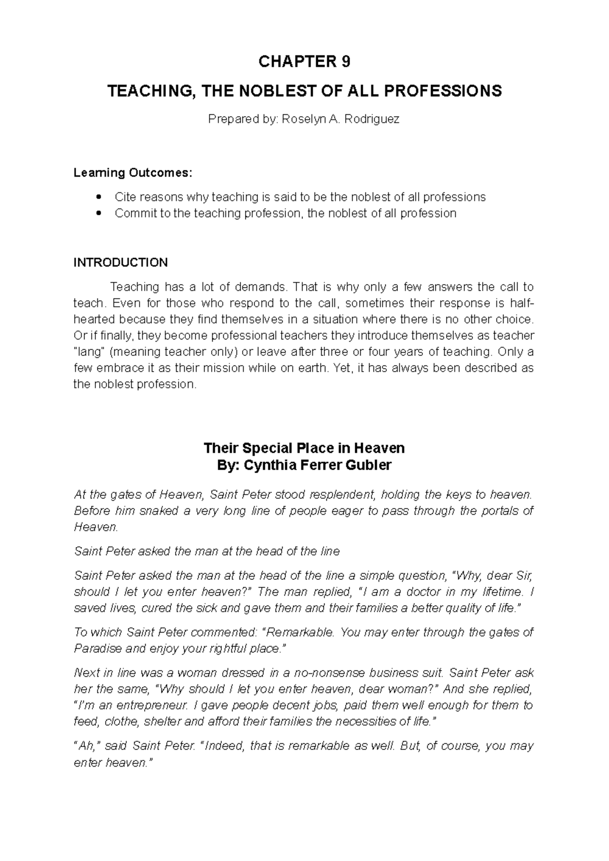 CHAPTER 9: TEACHING AS THE NOBLEST PROFESSION - Studocu