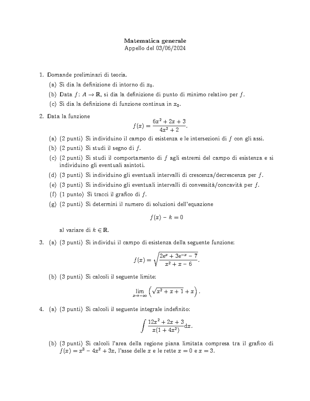 Matematica Generale - Esame del 03/06/2024: Teoria e Problemi - Studocu