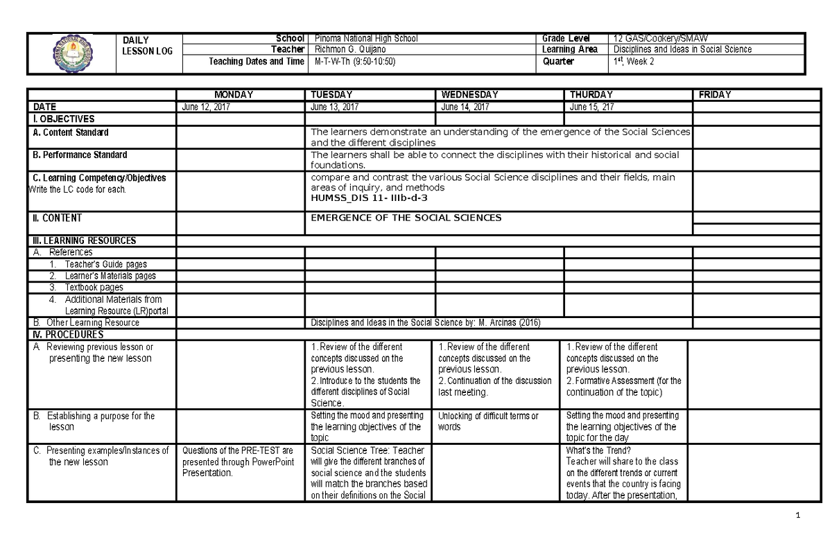 Week 2 dll diss - DLL - 1 DAILY LESSON LOG School Pinoma National High ...