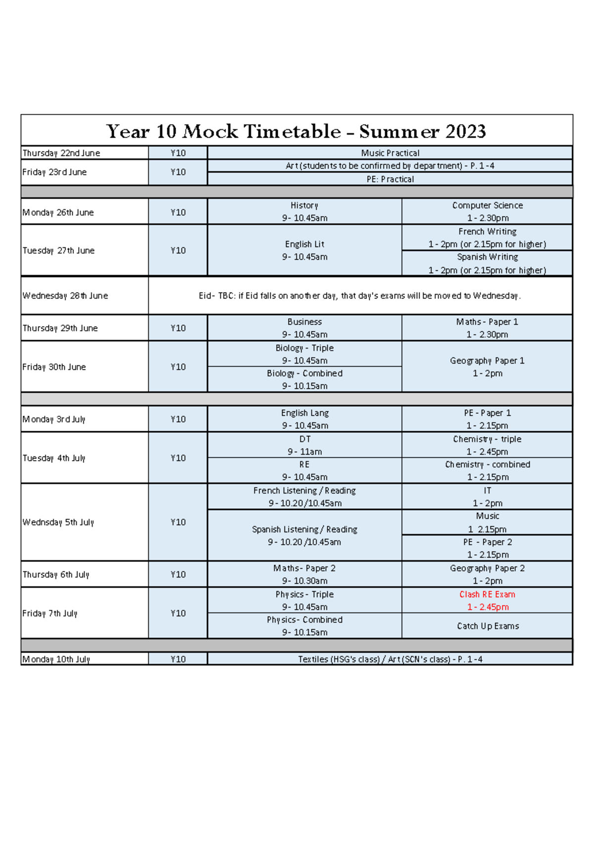 Y10 Mock Exam Timetable Summer 2023: Key Dates & Subjects - Studocu
