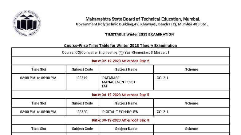 Winter 2023 CO Examination Timetable - Computer Engineering - Studocu