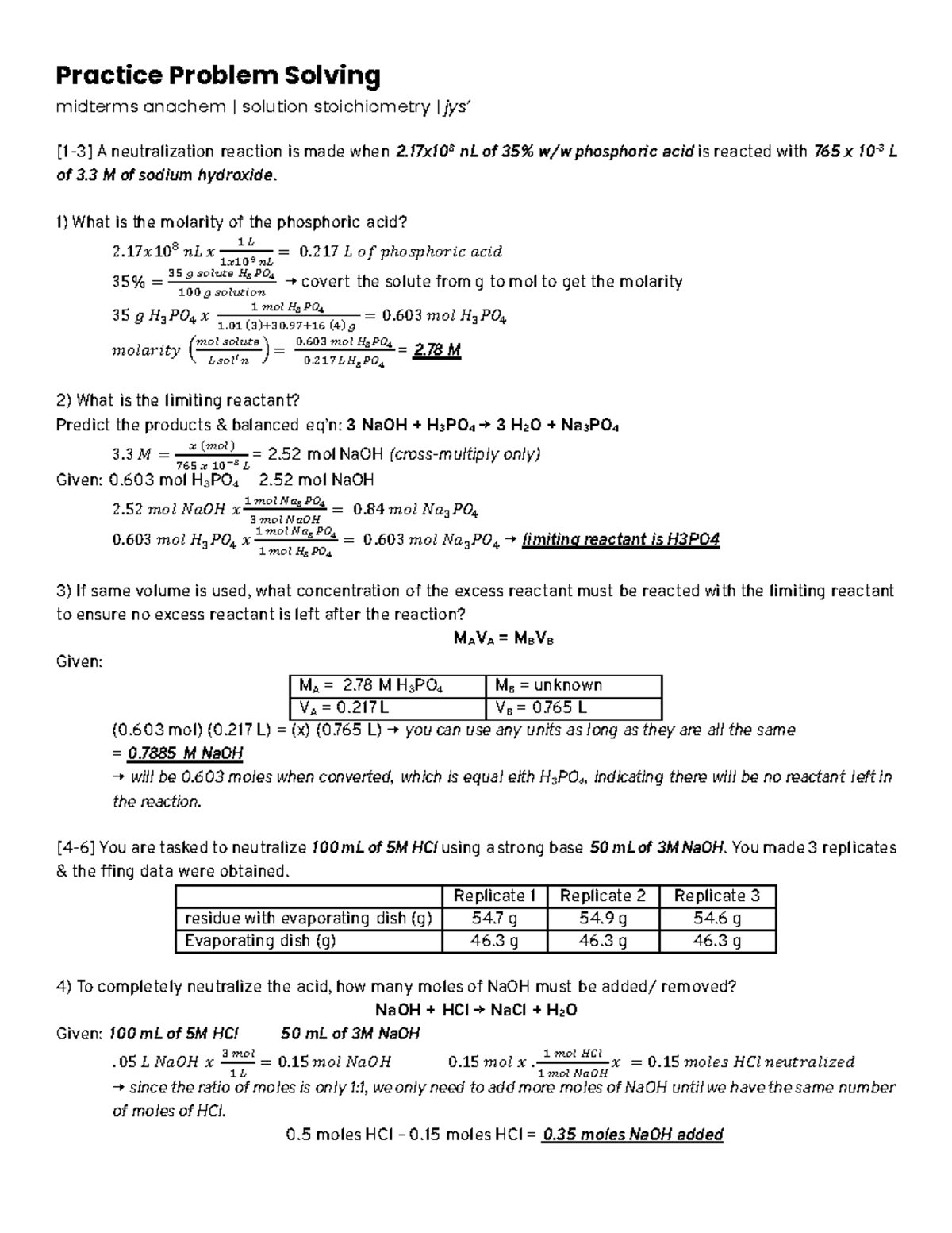 Problem solving - sol'n stoich - Practice Problem Solving midterms ...
