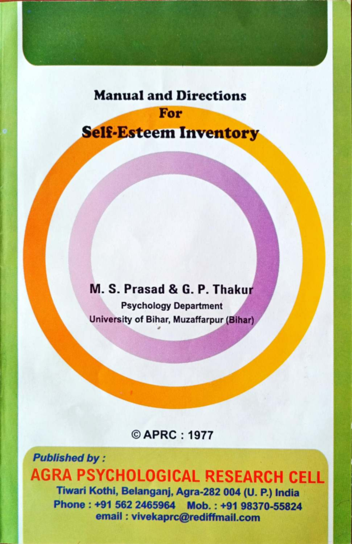 Self Esteem Inventory (Part I & II) - M.S. Prasad & G.P. Thakur - Studocu