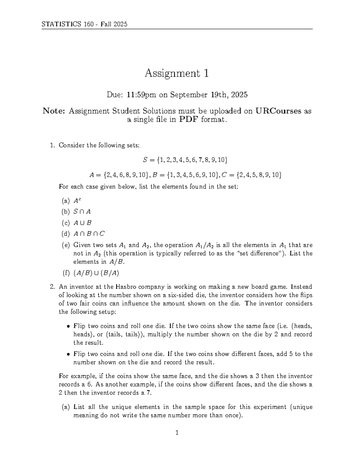 STATISTICS 160 Fall 2025 Assignment 1 Questions and Solutions - Studocu