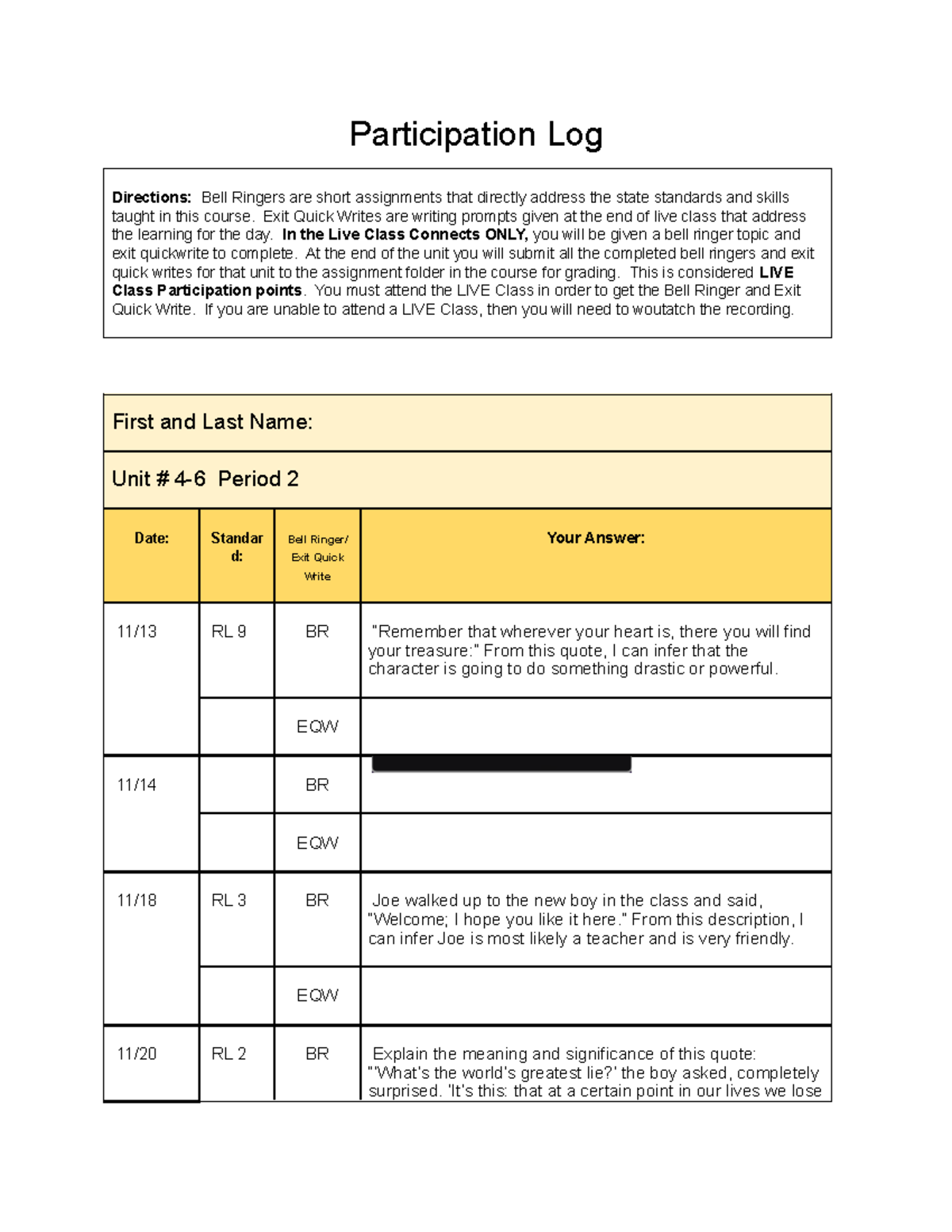 Participation Log Unit 4-6 - Participation Log Directions: Bell Ringers ...