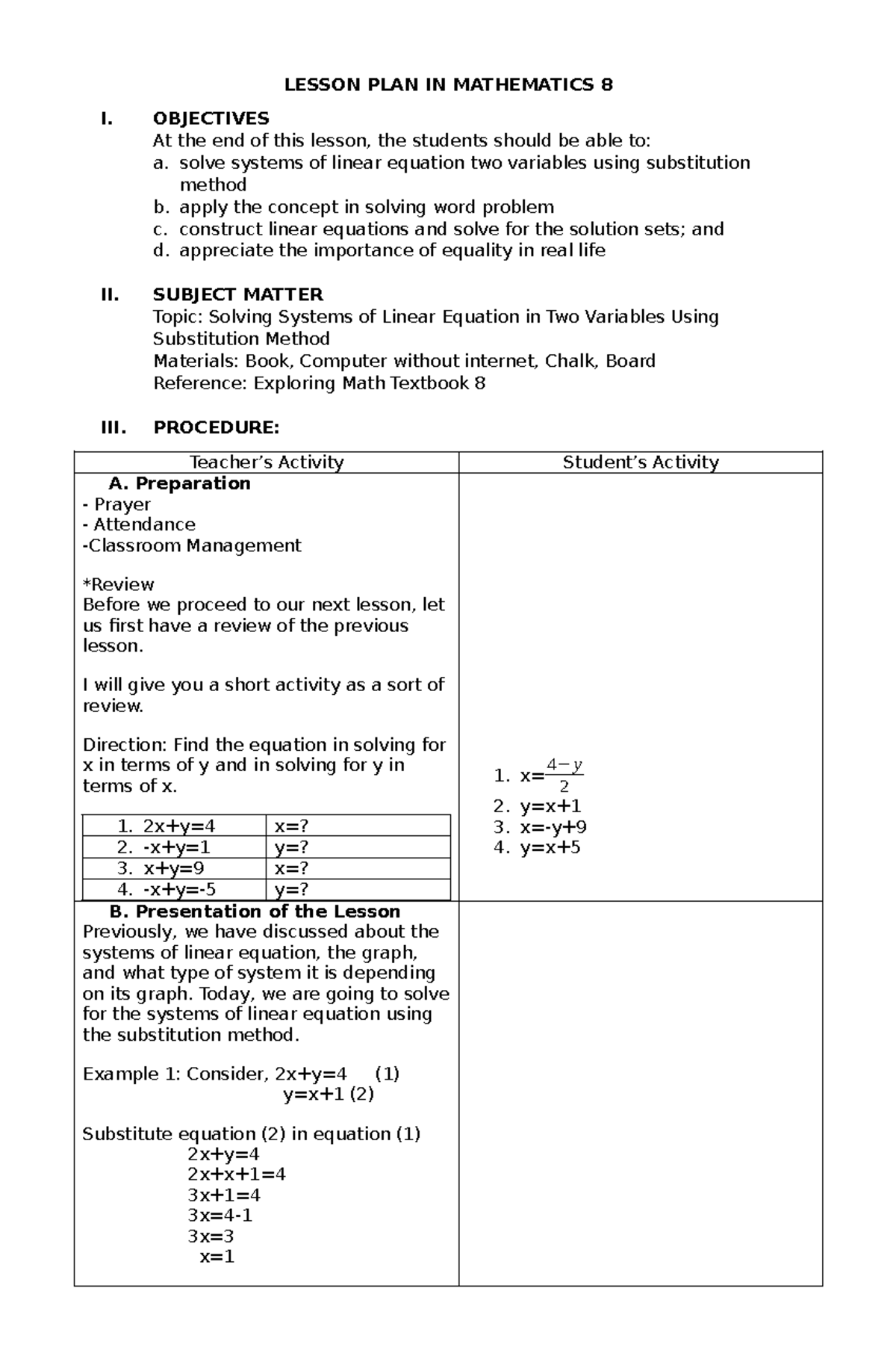 Mathematics 8 Lesson PLAN: Substitution Method for Linear Equations ...
