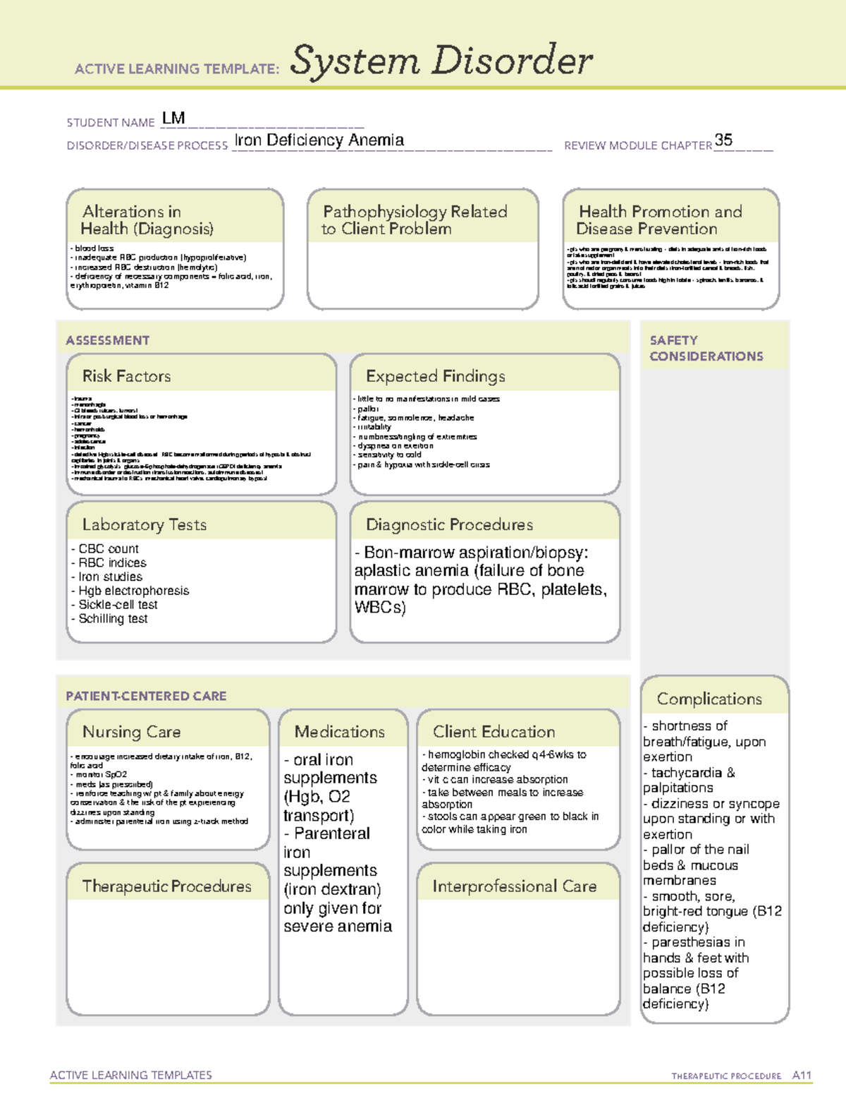 IRON Deficiency Anemia: Active Learning Template for Nursing Care - Studocu