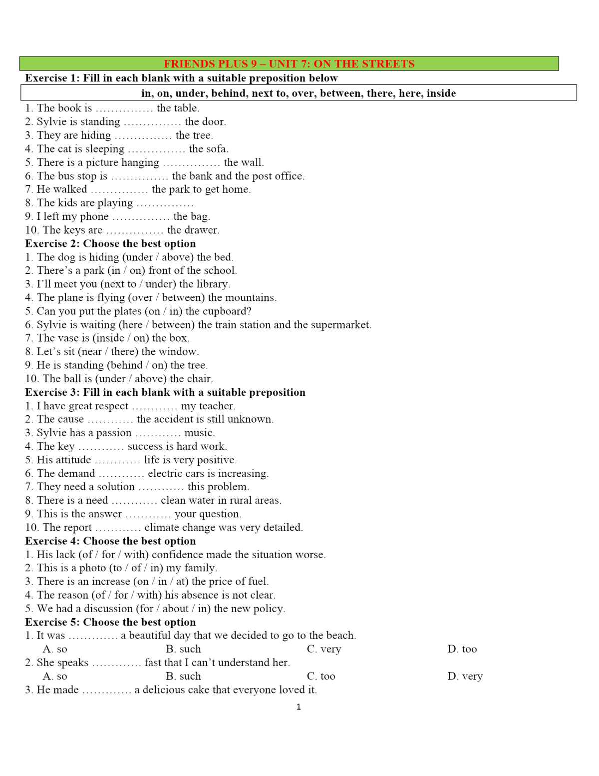 FP 9 - UNIT 7 - Preposition Exercises and Answers - Studocu