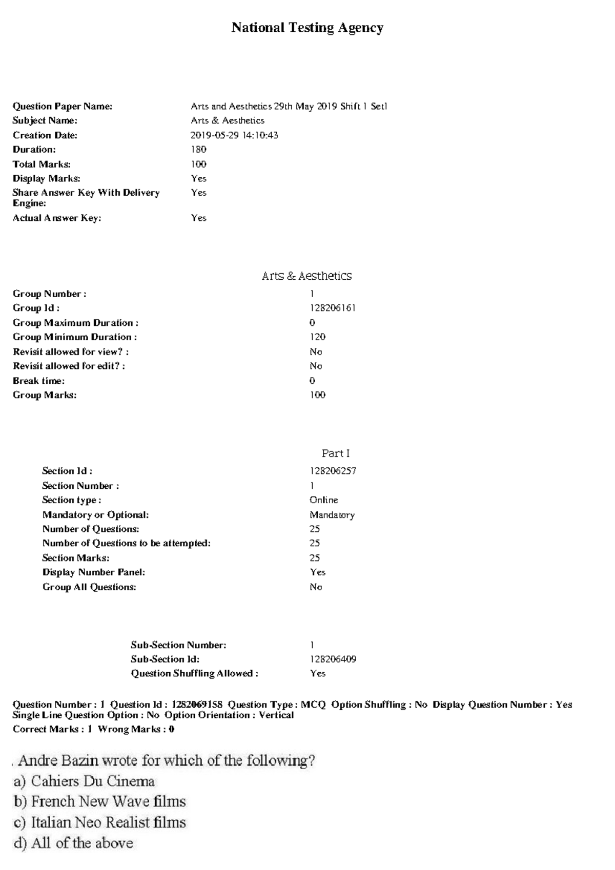 Arts and Aesthetics Exam Paper - 29th May 2019 (Shift 1, Set) - Studocu