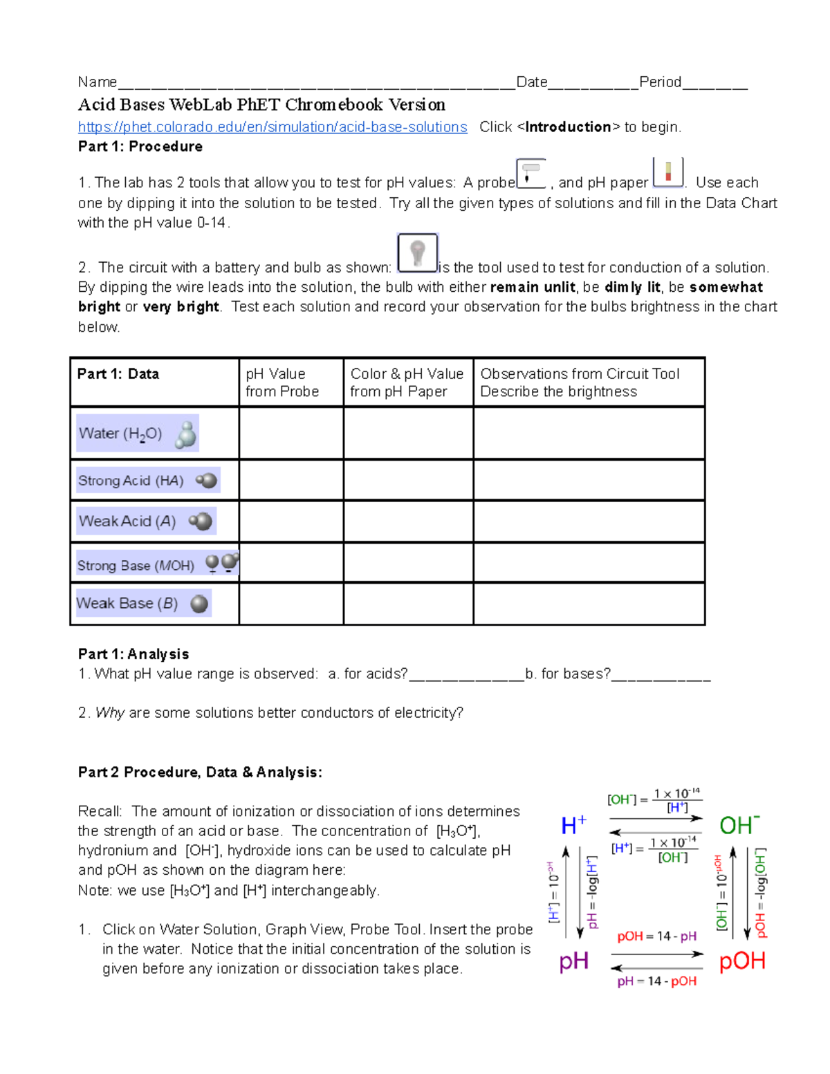 Acid Bases WebLab PhET Exercise 4152 7540 Analysis & Procedure - Studocu