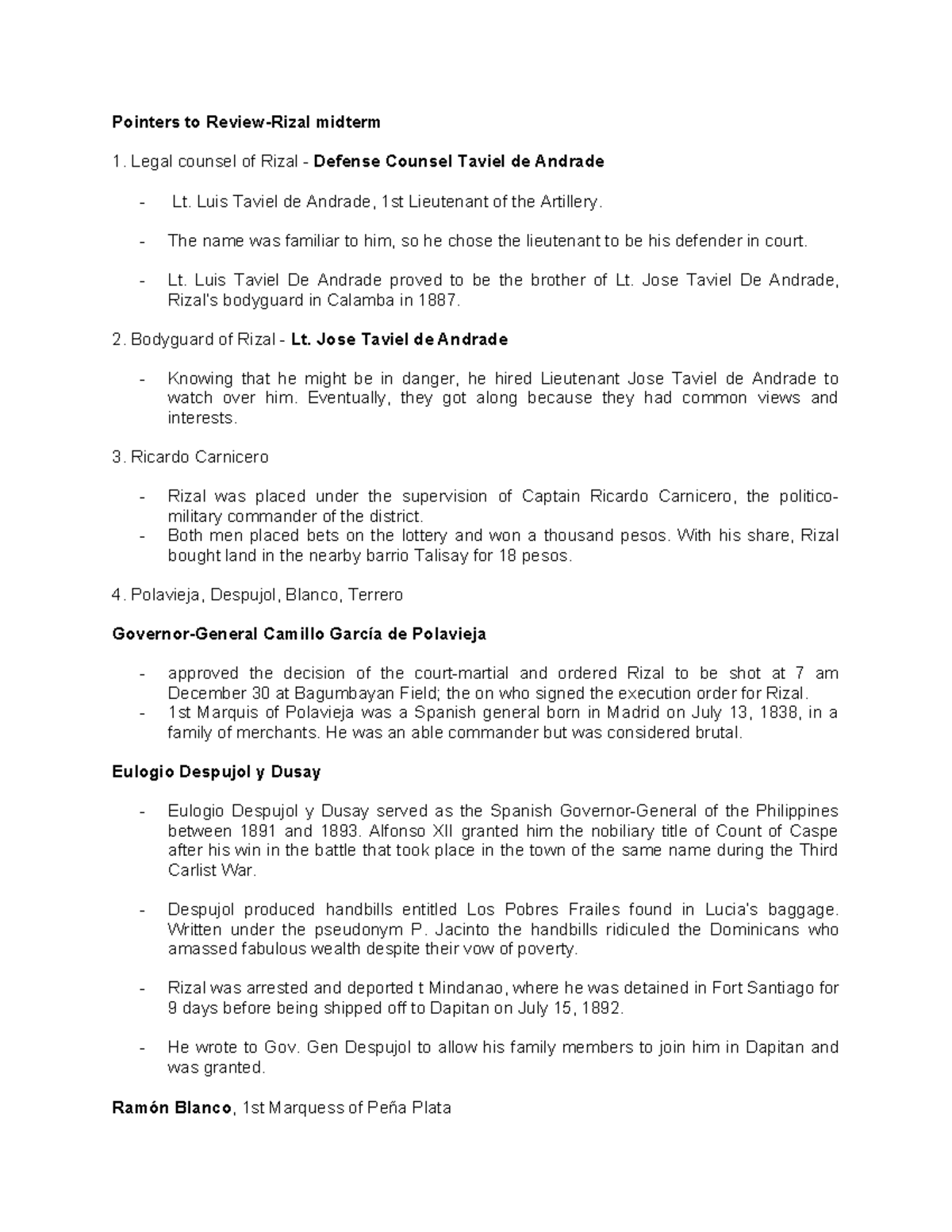 Pointers for Rizal Midterm Exam Review (Course Code: Rizal 101) - Studocu