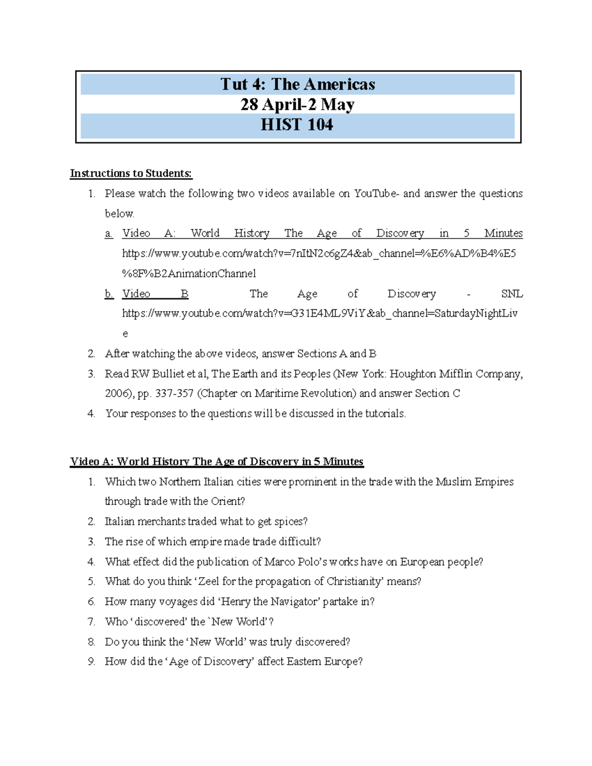 Tut 4: The Americas - Age of Discovery Overview for HIST 104 - Studocu