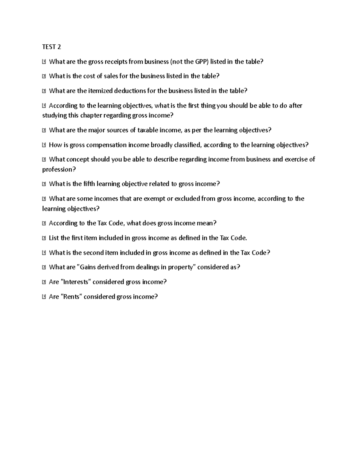 Income Tax - Test 2: Gross Receipts & Taxable Income Analysis - Studocu