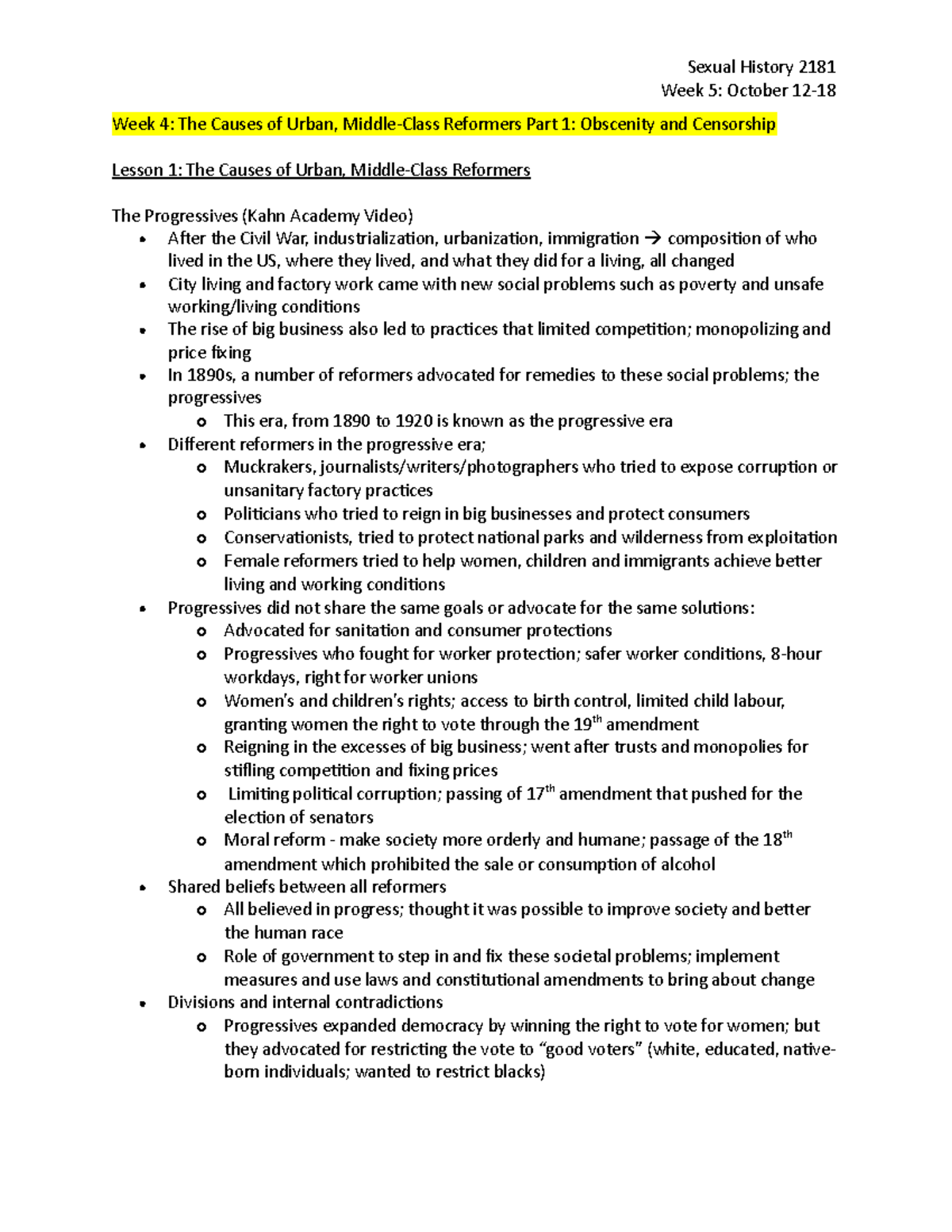 2181 Week 4 - Urban Reformers & Obscenity: Key Notes Summary - Studocu