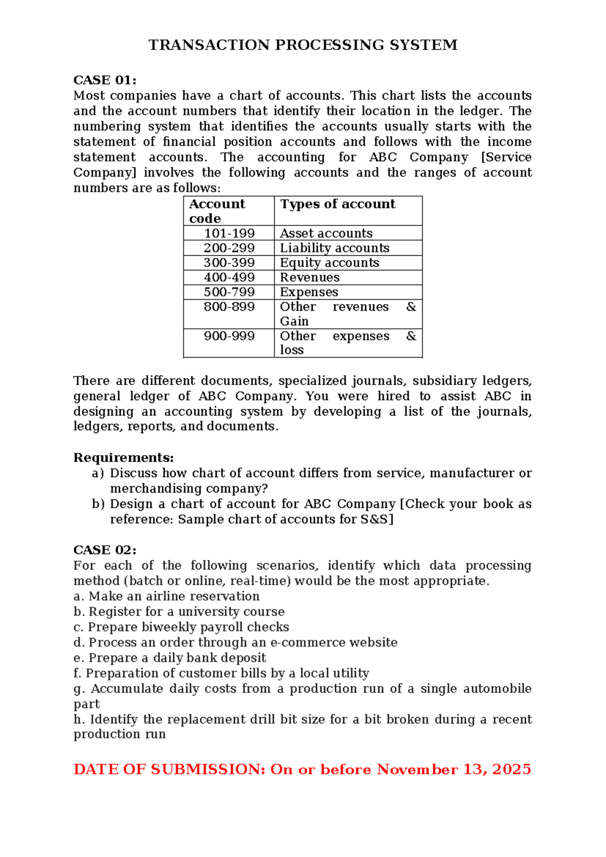 Transaction Processing System Case Study: ABC Company Chart of Accounts ...