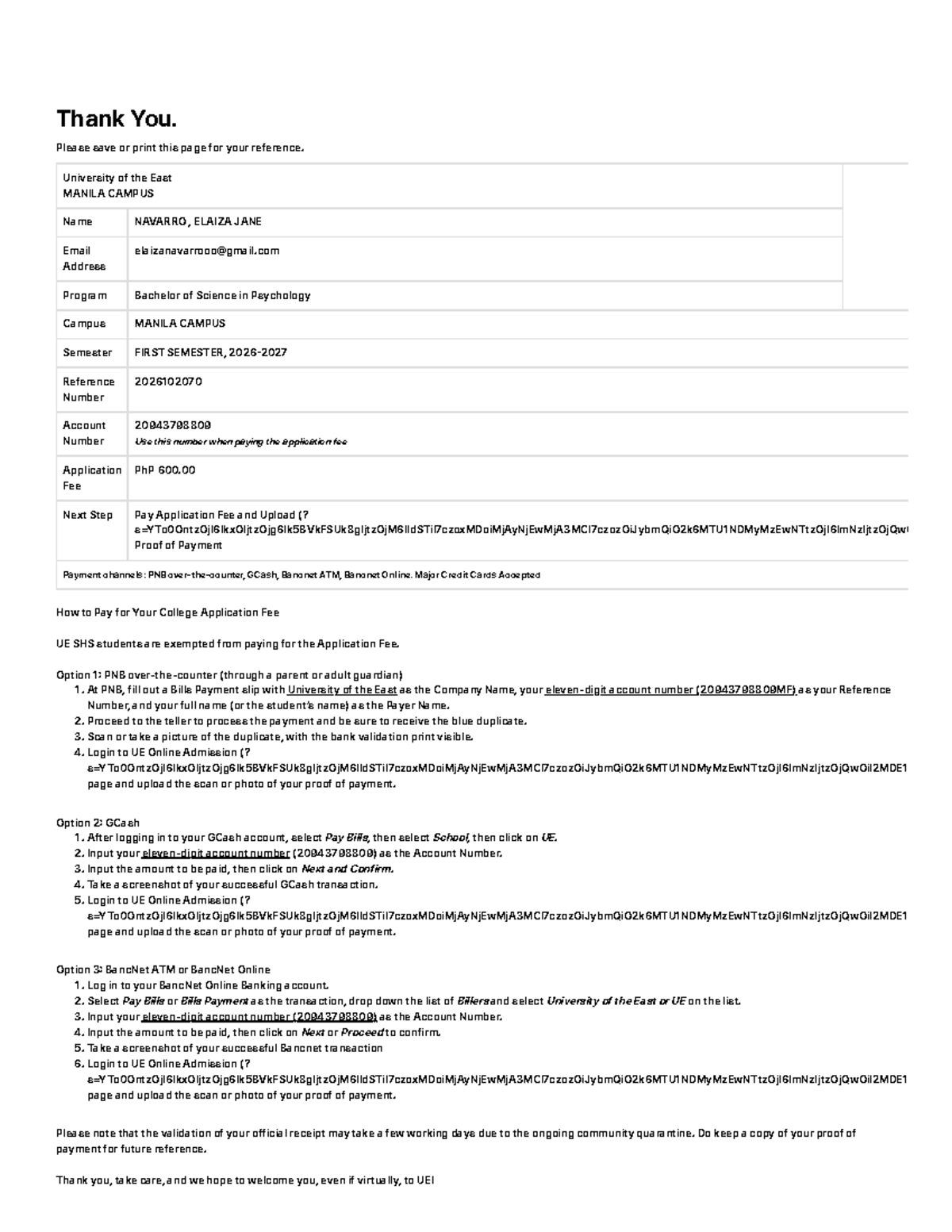 UE Online Application for Admission - Payment Instructions - Studocu