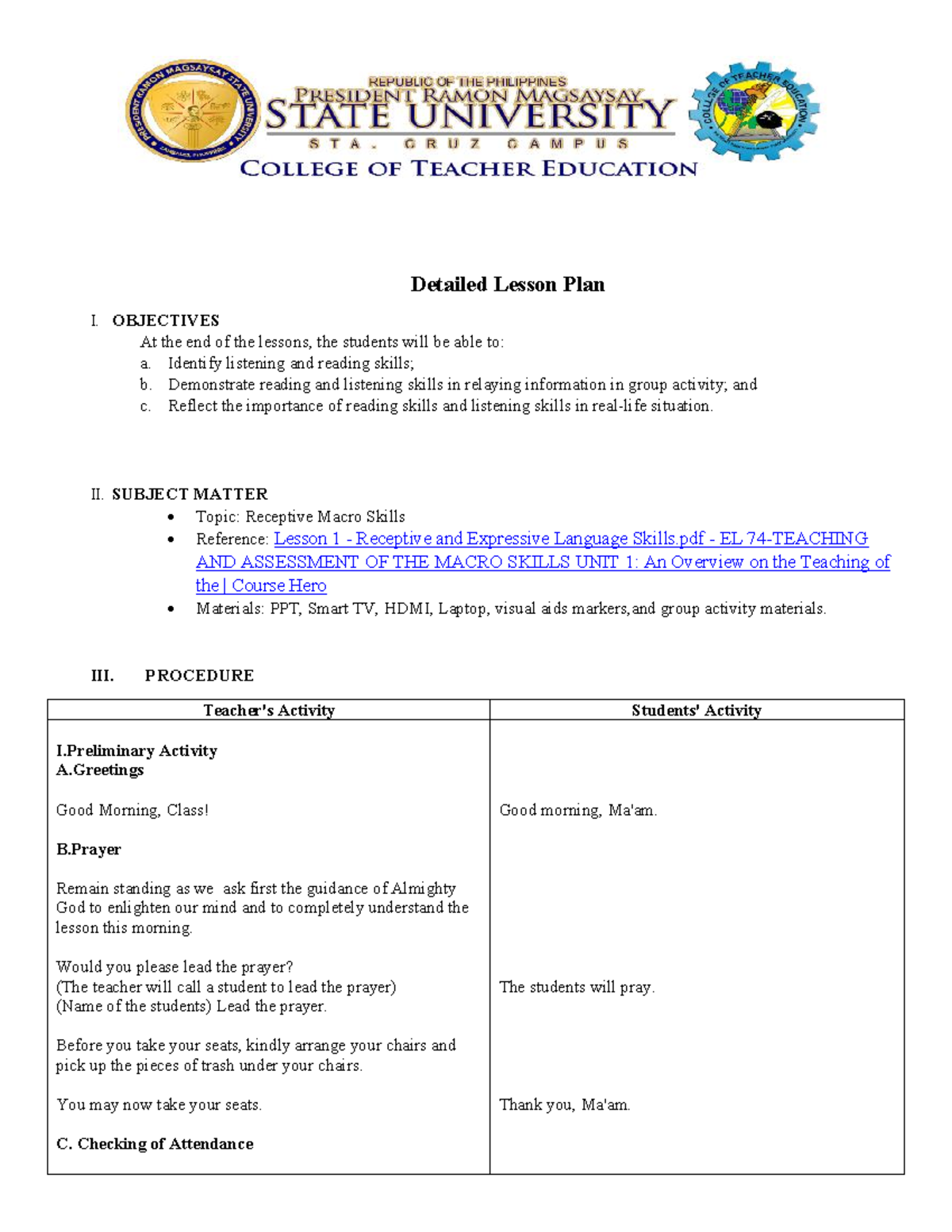 Detailed Lesson Plan on Receptive Macro Skills (EDU 101) - Studocu
