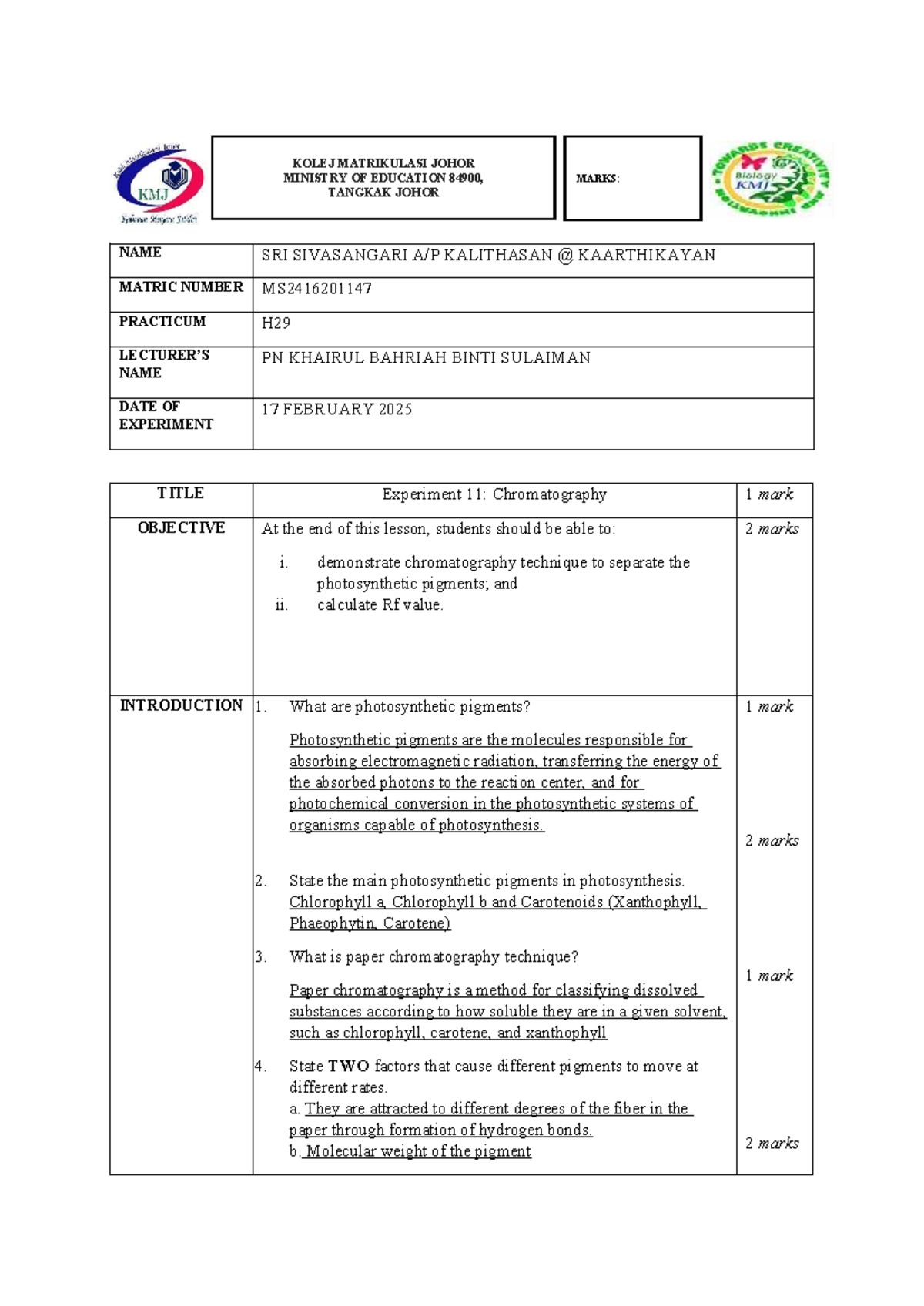 LAB Report EXP 11: Chromatography of Photosynthetic Pigments - K8H29 ...