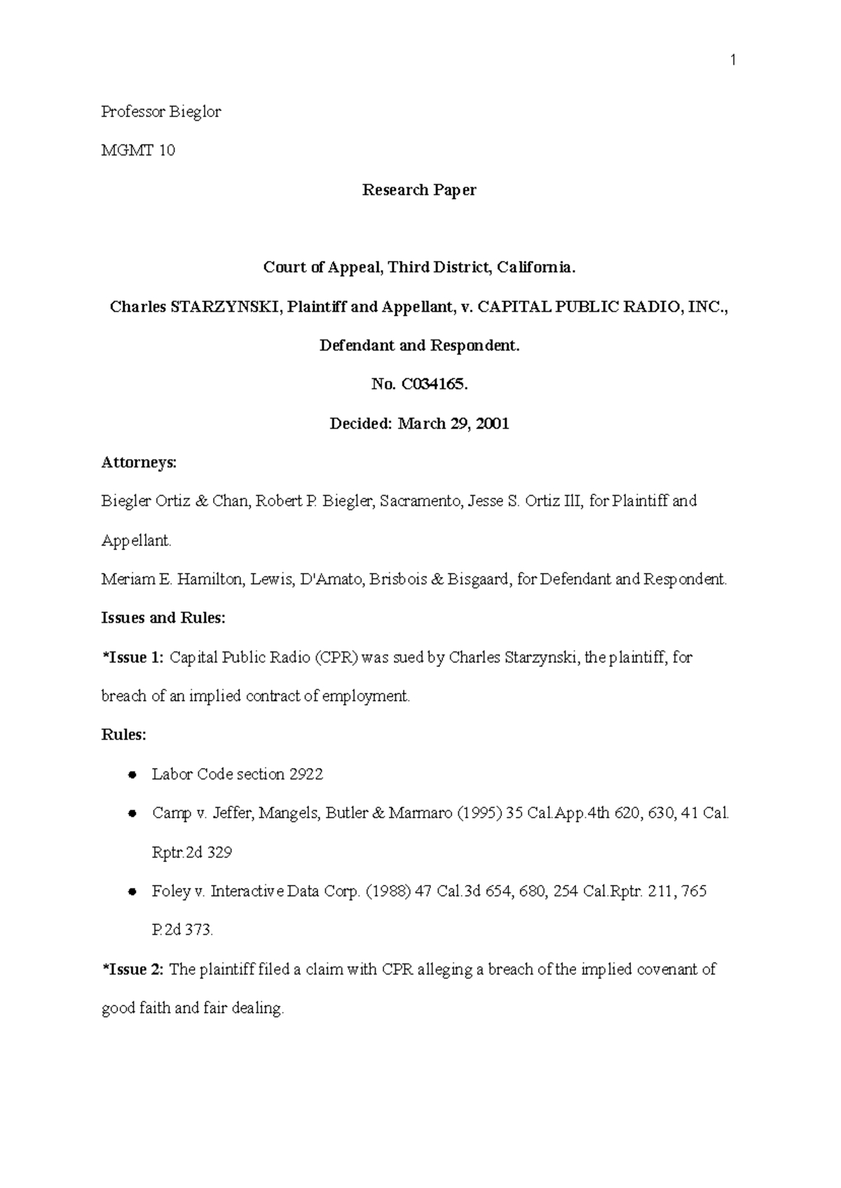 MGMT 10 Midterm II: Analysis of Employment Contract Cases - Studocu