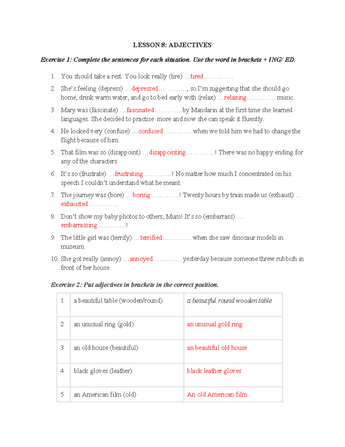 Unit 8: Adjectives Lesson Exercises and Practice - Studocu