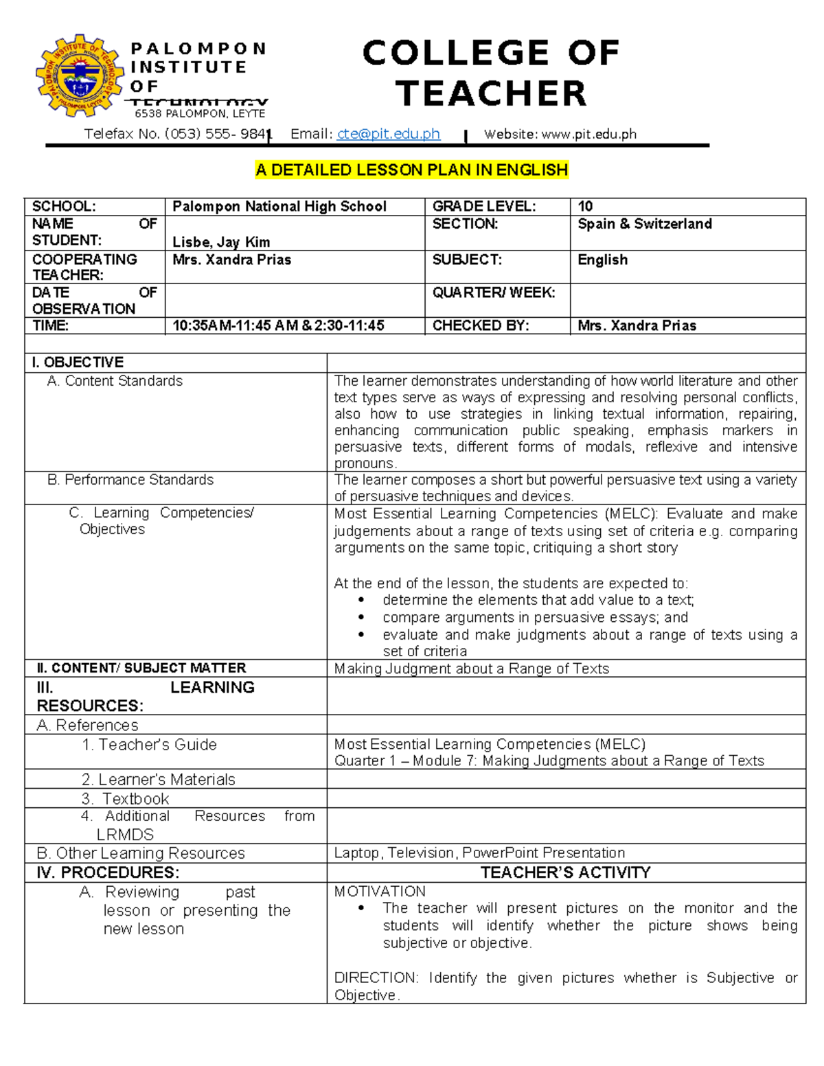LP 1 - Detailed Lesson Plan in English: Making Judgments on Texts - Studocu