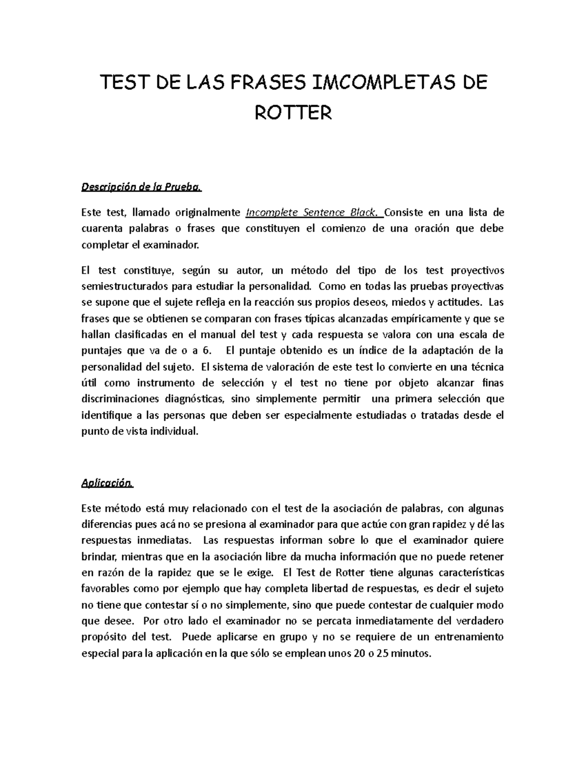 Test de Frases Incompletas de Rotter: Descripción y Clasificación - Studocu