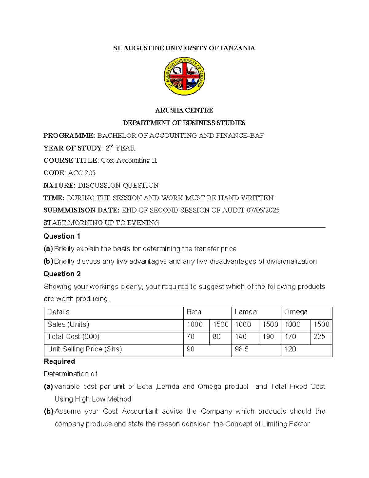 ACC 205 Cost Accounting II Sample Discussion Questions and Solutions ...