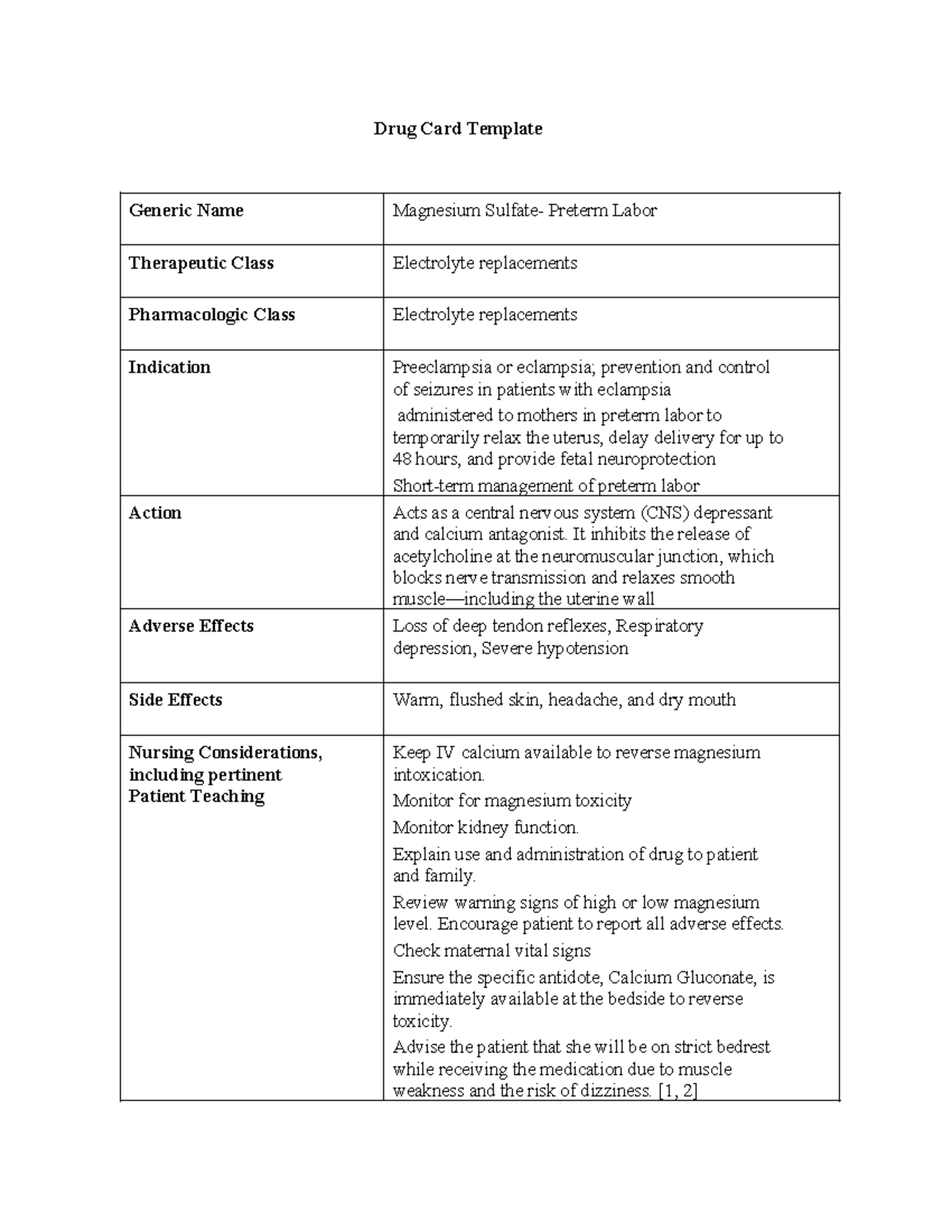 Maternity Drug Card: Magnesium Sulfate for Preterm Labor - Studocu